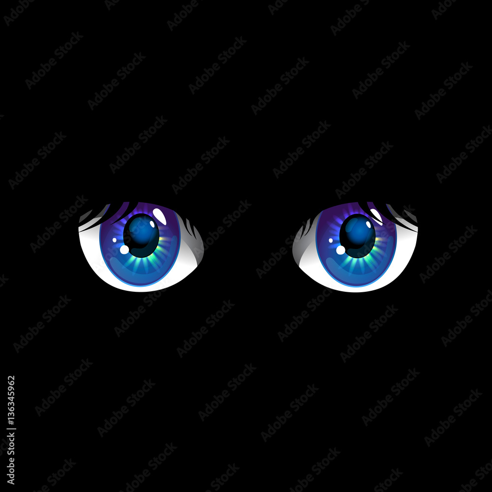 Cartoon eyes on black background. Sad anime style eyes in darkness ...