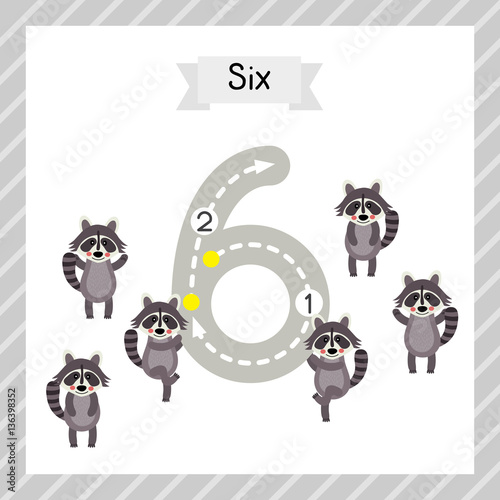 Cute children Flashcard number six tracing with 6 Raccoons for kids ...