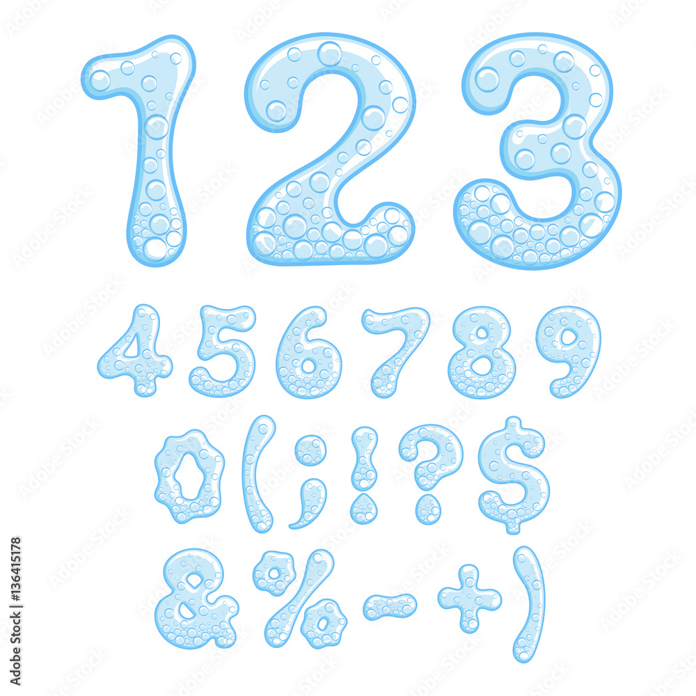 Numbers and symbols of sparkling water. Vector isolated objects. Stock ...