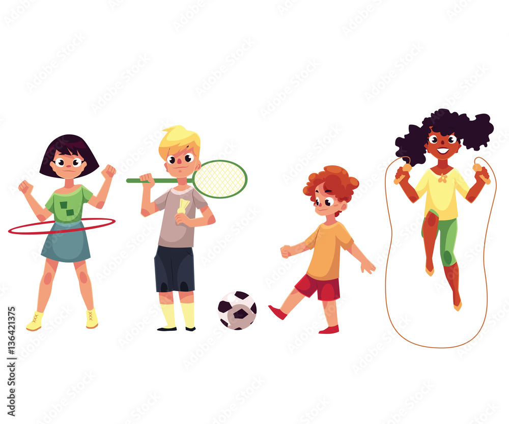 Vector de Stock Kids twirling hula hoop, playing badminton and soccer ...