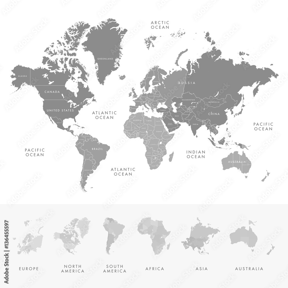 Map Of The World Black And White Labeled Continents