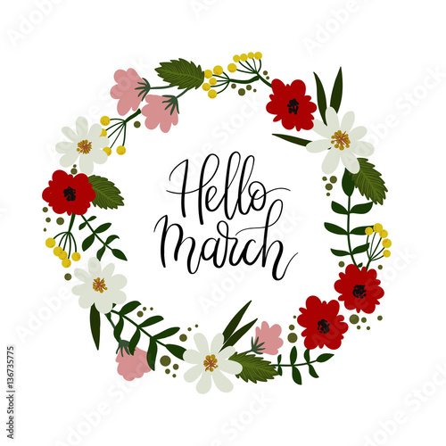 Hello March hand lettering greeting card. Hand drawn illustration with ...