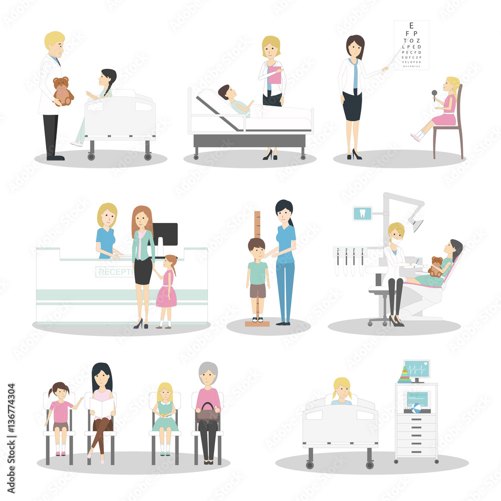 Children in hospital set. Pediatrician, reception, waiting room and ...