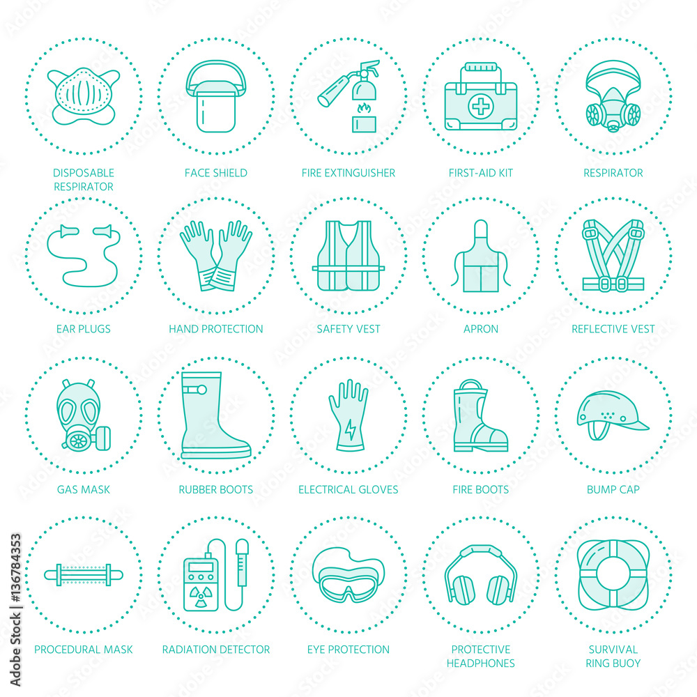 Personal protective equipment line icons. Gas mask, ring buoy ...