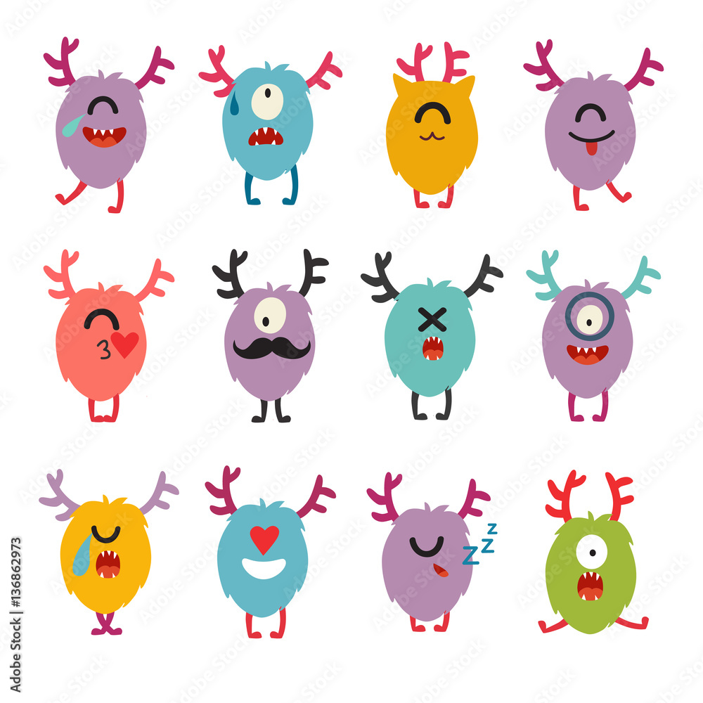 Emoji monsters. Cute cyclops vector set. Cartoon funny emoticons ...
