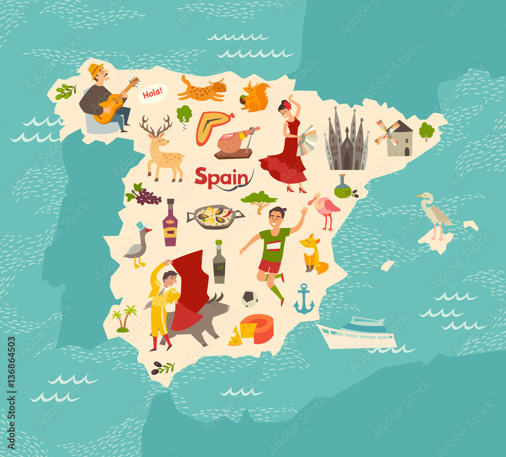 Spain map vector. Illustrated map of Spain for children/kid. Cartoon ...