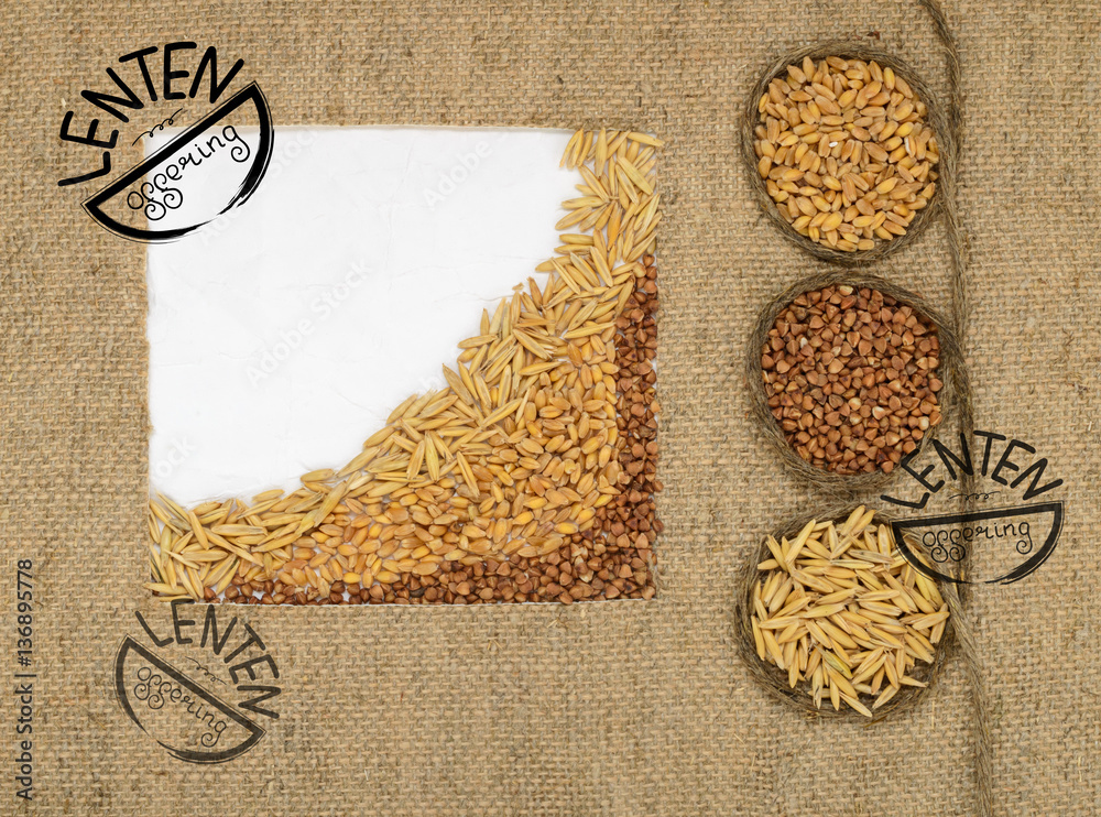 Frame made of burlap, seeds of buckwheat and wheat. Handwritten word ...