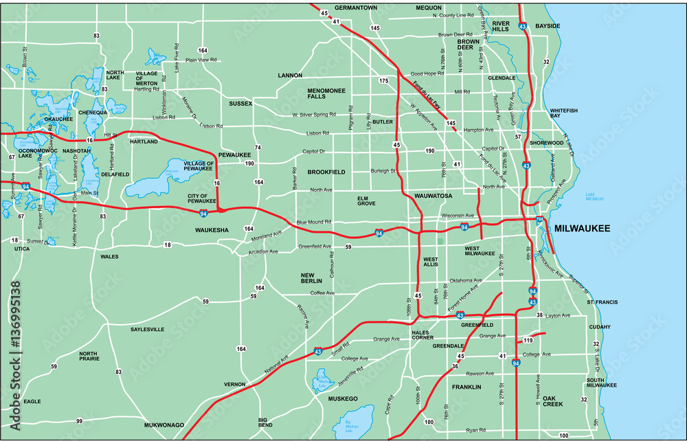 Milwaukee Area Map with Roads Stock Vector | Adobe Stock