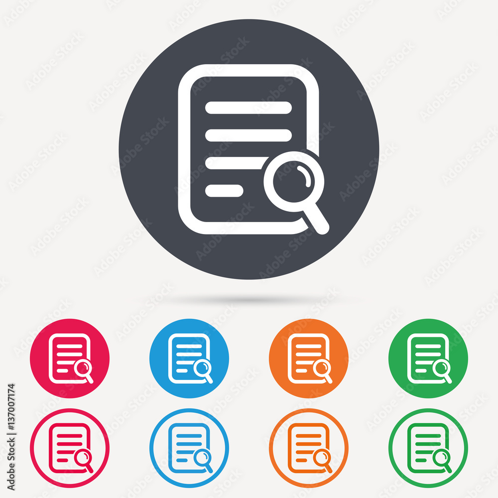 File search icon. Document page with magnifier tool symbol. Round ...