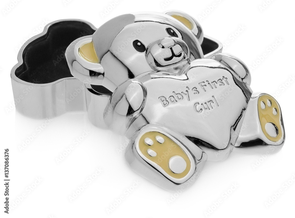 Silver box in the shape of a teddy bear to the first baby teeth. The ...