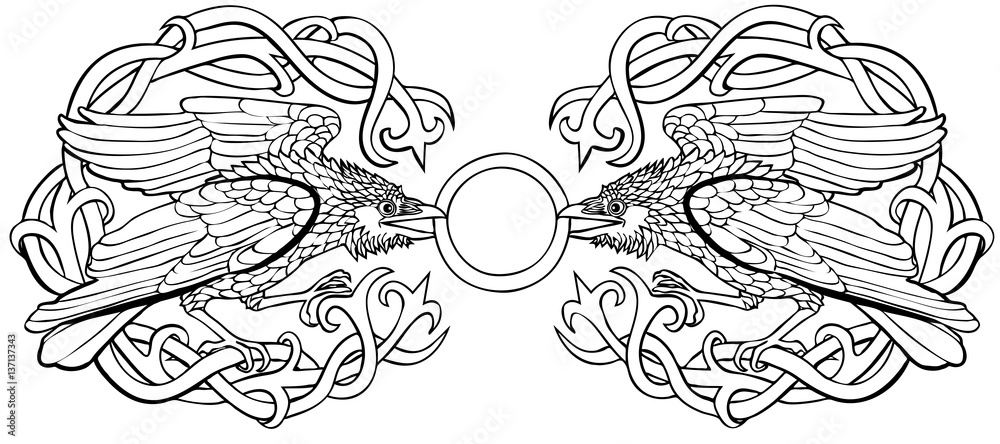 Vector illustration of celtic ravens cloak clasp black and white Stock ...