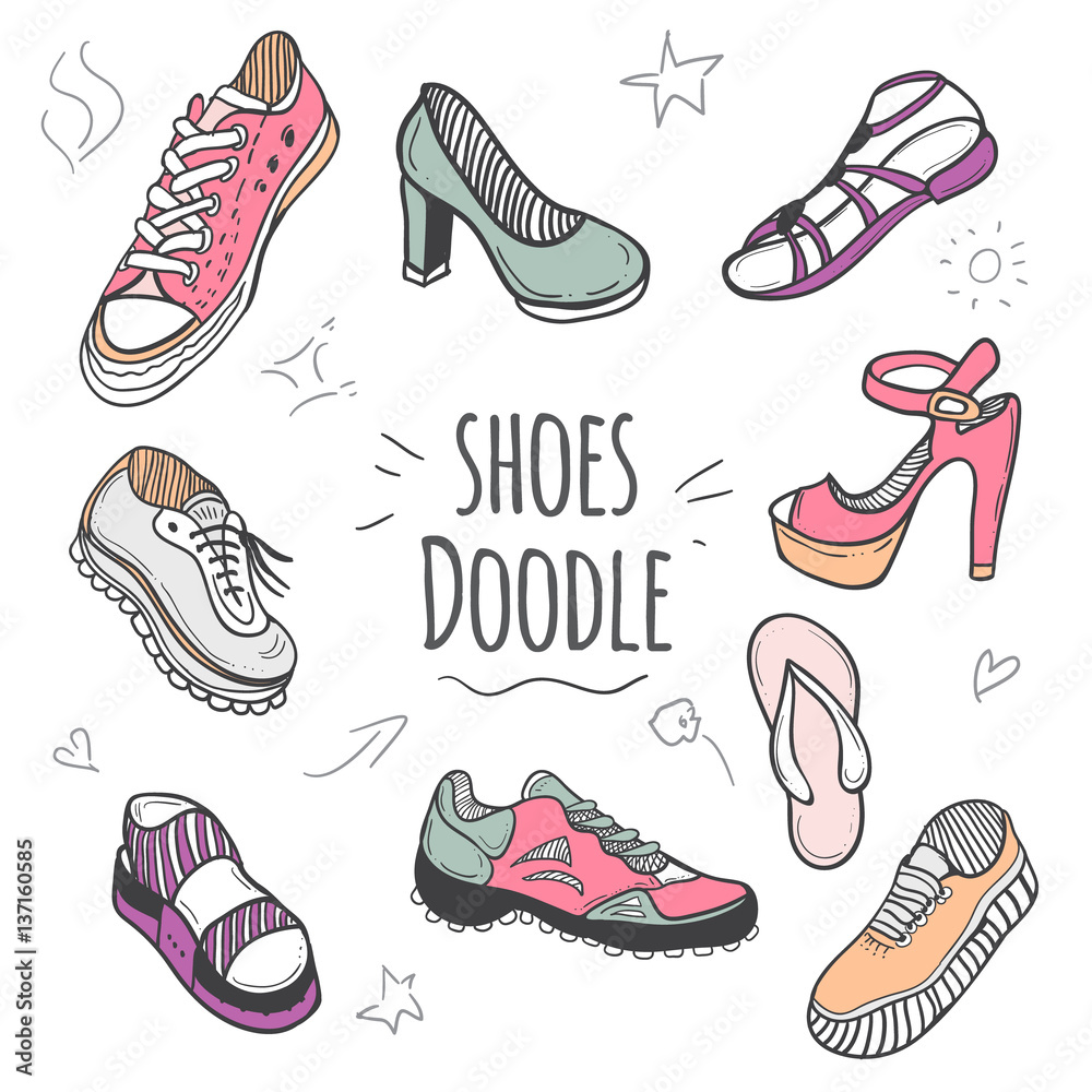 Boots colorful doodle collection. Set of doodle shoes with sneakers ...