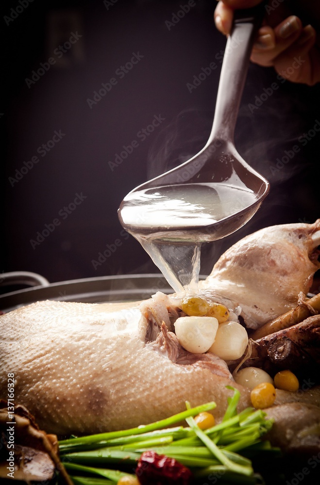 hanbang ori baeksuk. Boiled Duck with Rice and Medicinal Herbs Stock ...