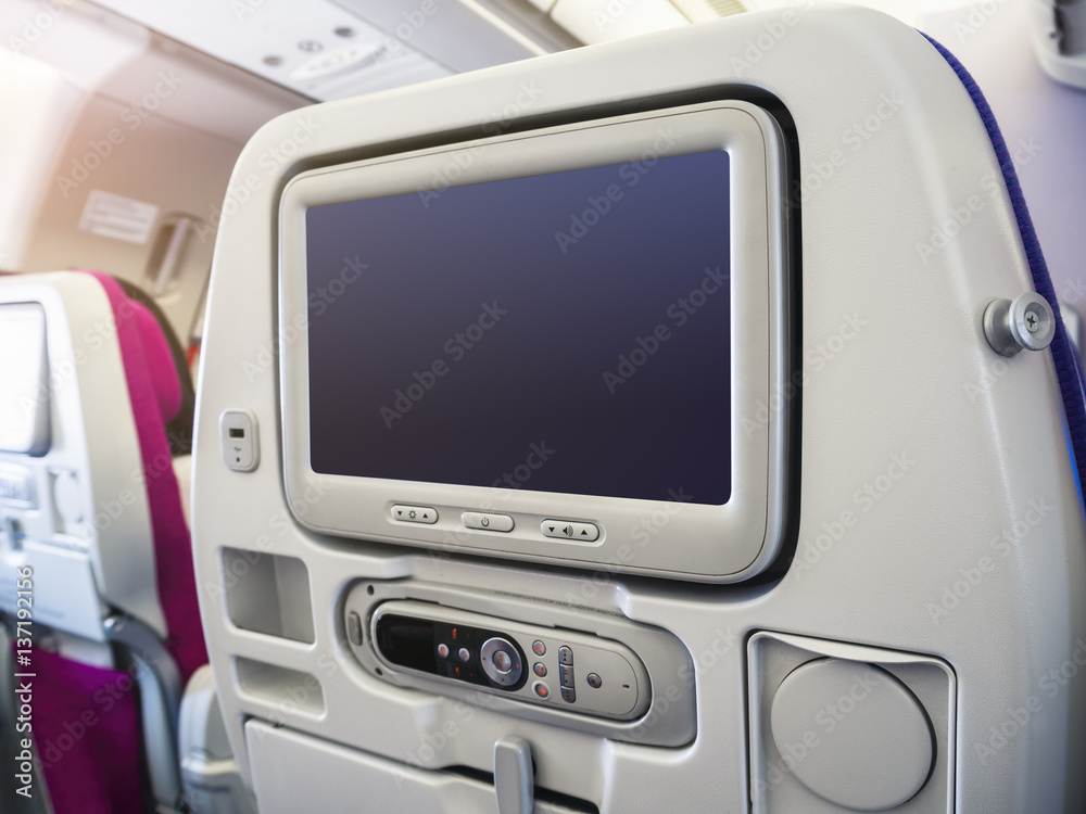 Airplane seats Blank screen monitor Passenger Entertainment on board ...