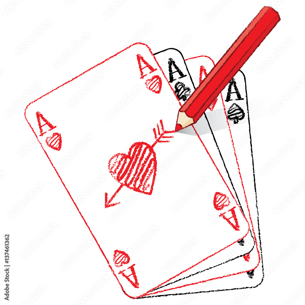 Pencil Drawing Various Ace of Hearts on fanned cards with arrow Stock ...