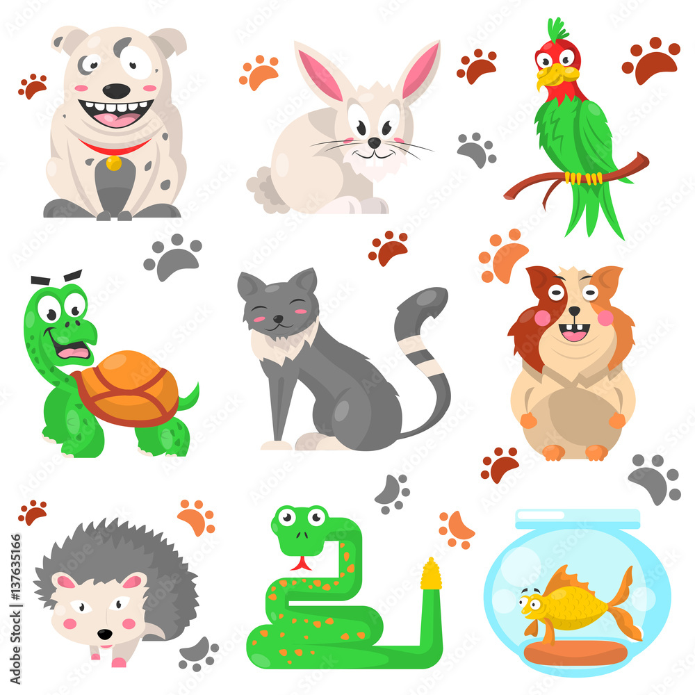 Cartoon pets colorful collection with their footprints on white Stock ...