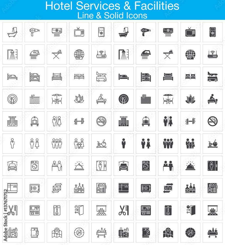Hotel services and facilities line and solid icons set, outline and ...