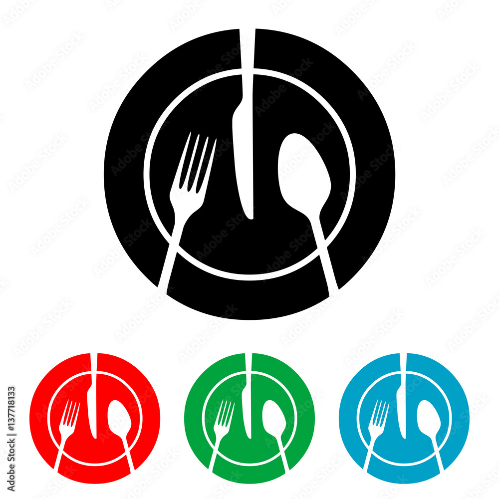 Icono plano plato y cubiertos en varios colores Stock Vector | Adobe Stock