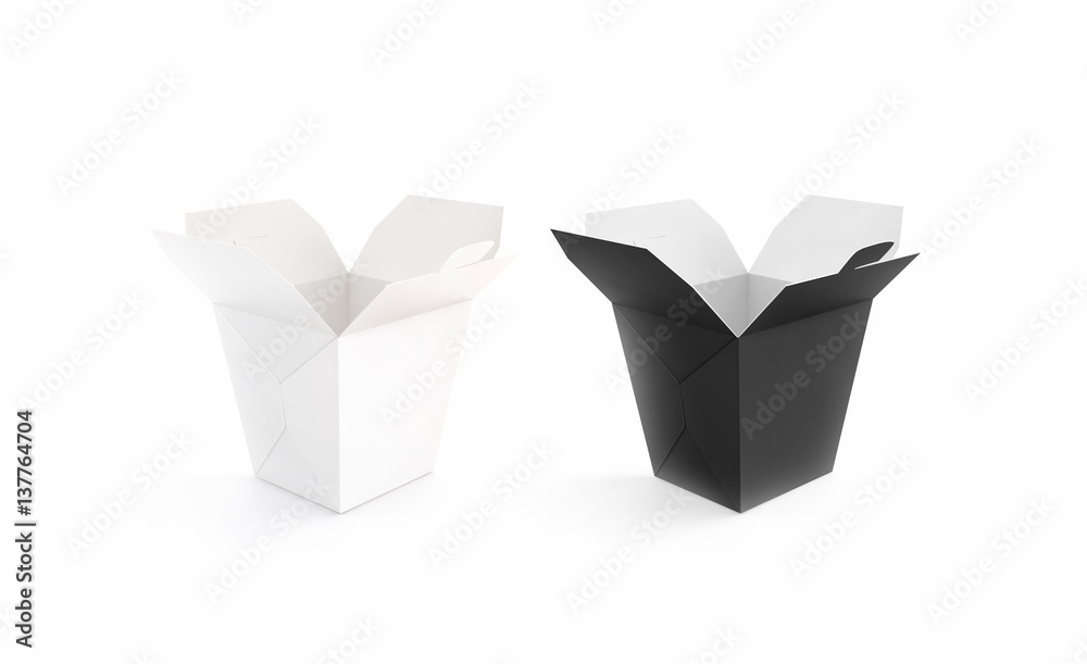 Opened black and white blank wok box mockup set, stand isolated, 3d ...