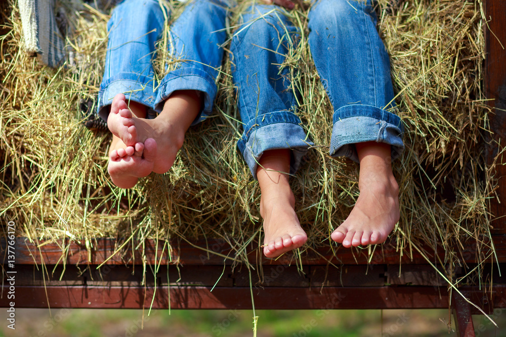 legs in jeans on a haystack Stock Photo | Adobe Stock