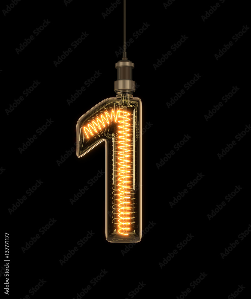 Number 1, Alphabet made of light bulb. 3D illustration Stock Photo ...