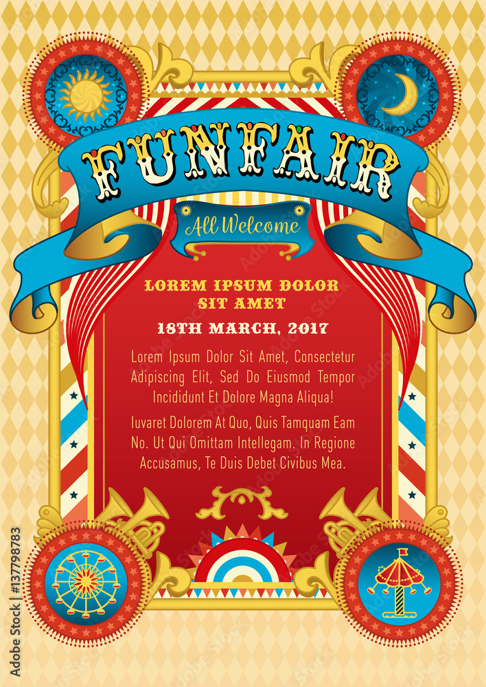 Funfair vector template. Circus tent. Retro poster invite kids ...