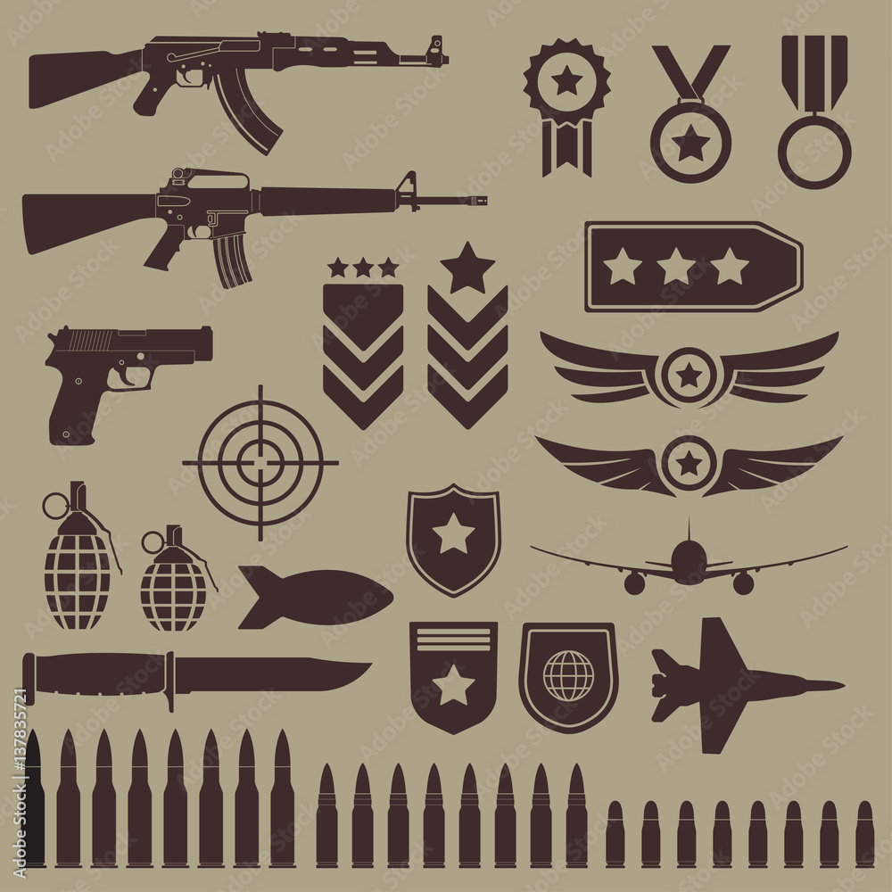 Gun, weapons and military icon set. Sub machine guns, pistol and ...