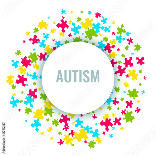 Autism awareness poster with puzzle pieces in a circle on white ...