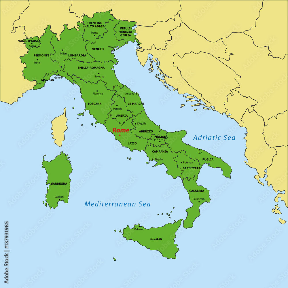 Map of Italy with regions and their capitals Stock Vector | Adobe Stock