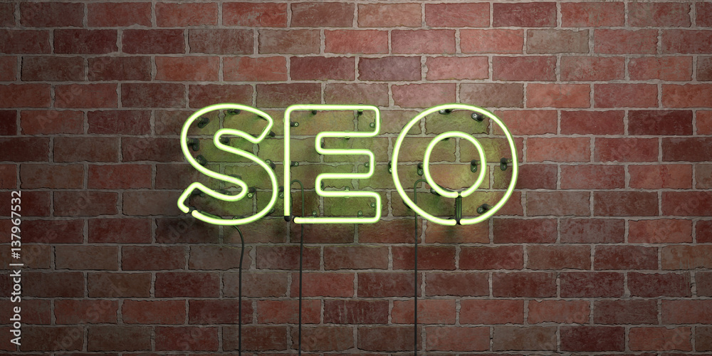 SEO - fluorescent Neon tube Sign on brickwork - Front view - 3D ...