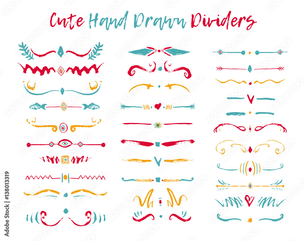 Colorful Set of handdrawn divide borders in ink. Swirls and dividers ...