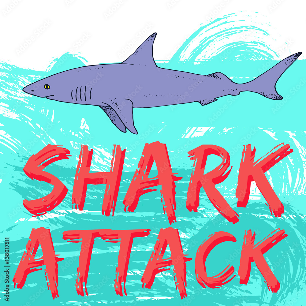 Shark attack. Vector shark hand drawn illustration with wild sea animal ...