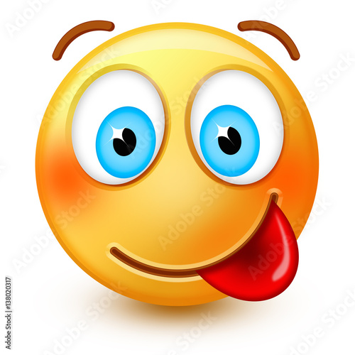 Cute goofy-face emoticon or 3d hungry emoji savouring delicious food ...