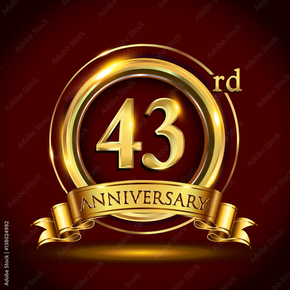 43rd golden anniversary logo with gold ring and golden ribbon, vector ...