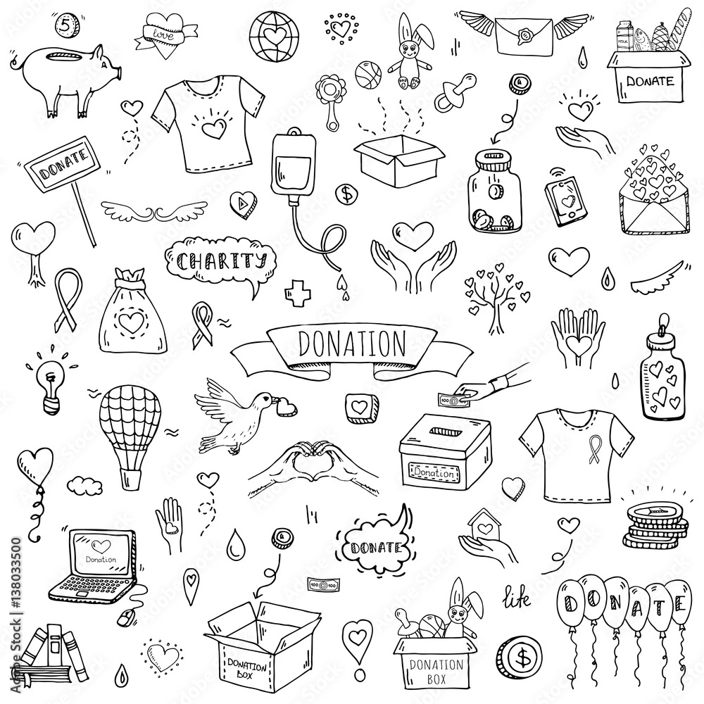 Hand drawn doodle Donation icons set. Vector illustration. Charity ...