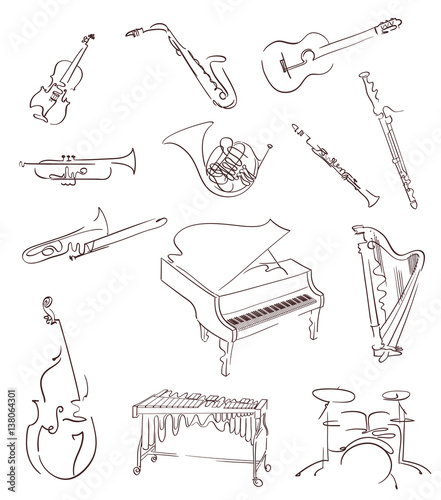 Set of classical musical instruments made in abstract hand drawn style ...