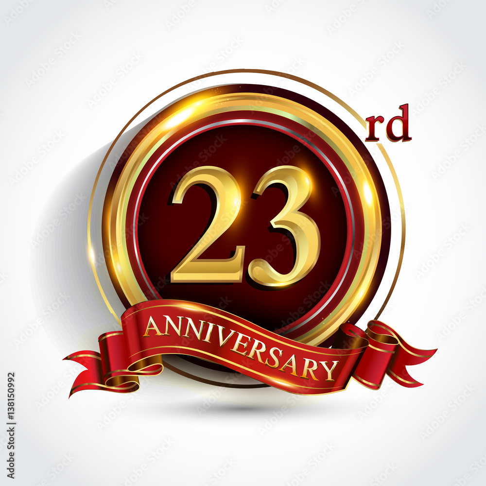 23rd anniversary logo with ring and ribbon golden colored isolated on ...