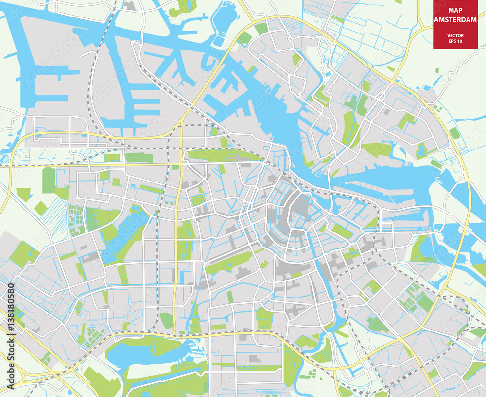 Vector color map of Amsterdam, Netherlands. City Plan of Amsterdam ...