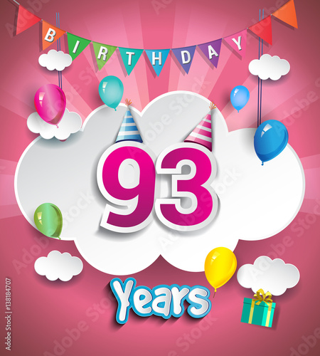 93 Years Birthday Celebration Design With Clouds And Balloons