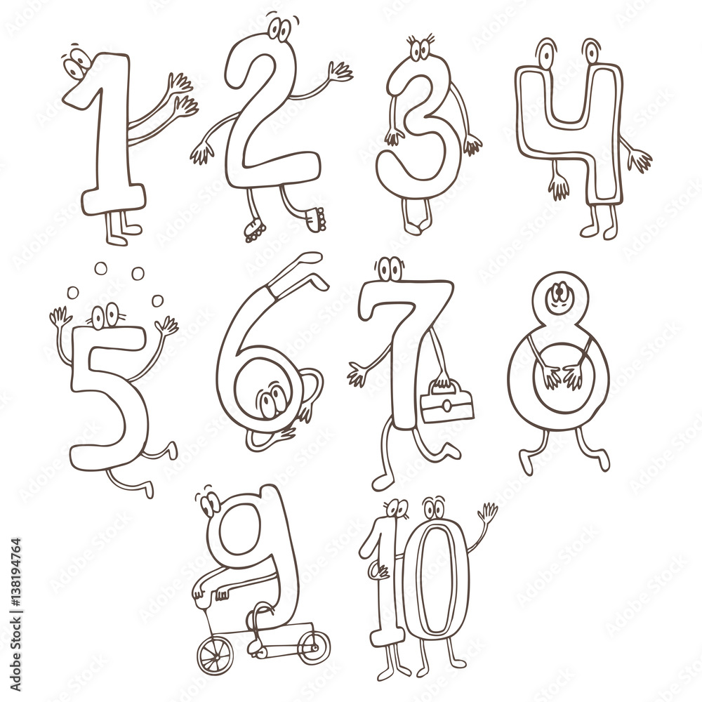Set of cute and funny colorful number characters, cartoon vector ...