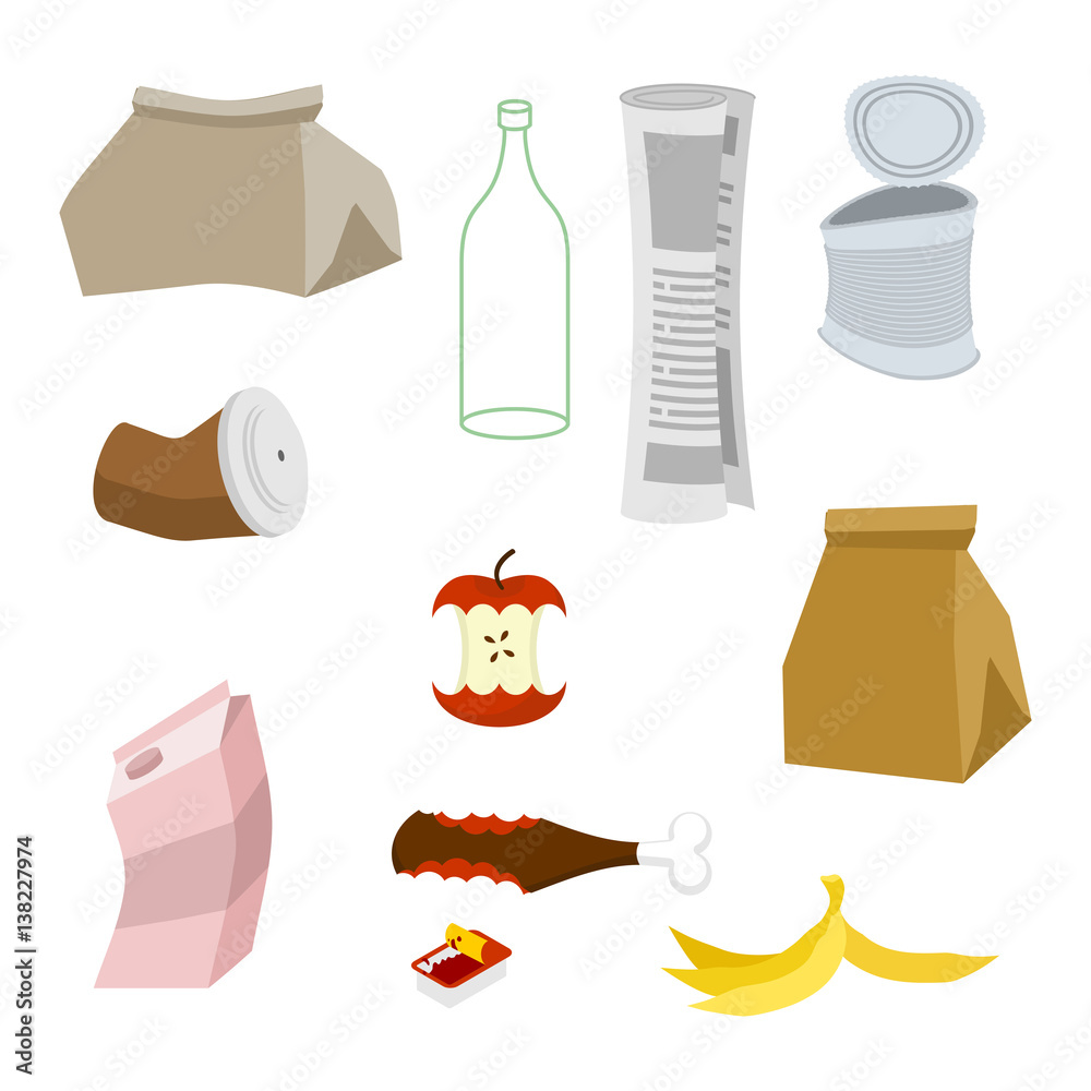 Rubbish icon collection. Garbage set. trash sign. litter symbol. peel ...