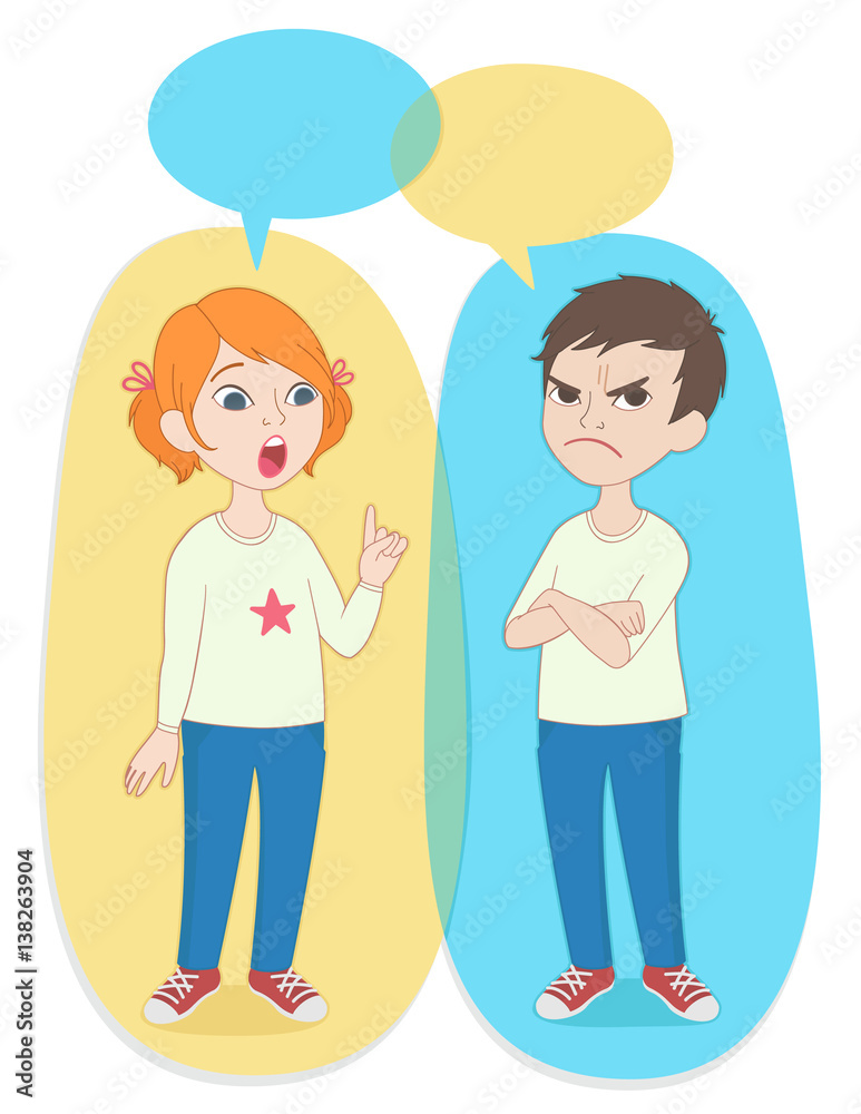 Two cartoon style kids with comics speech bubbles. School girl and boy ...