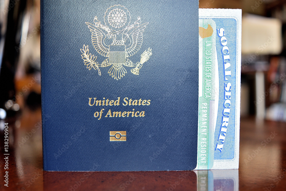 American passport, permanent resident card and social security number ...