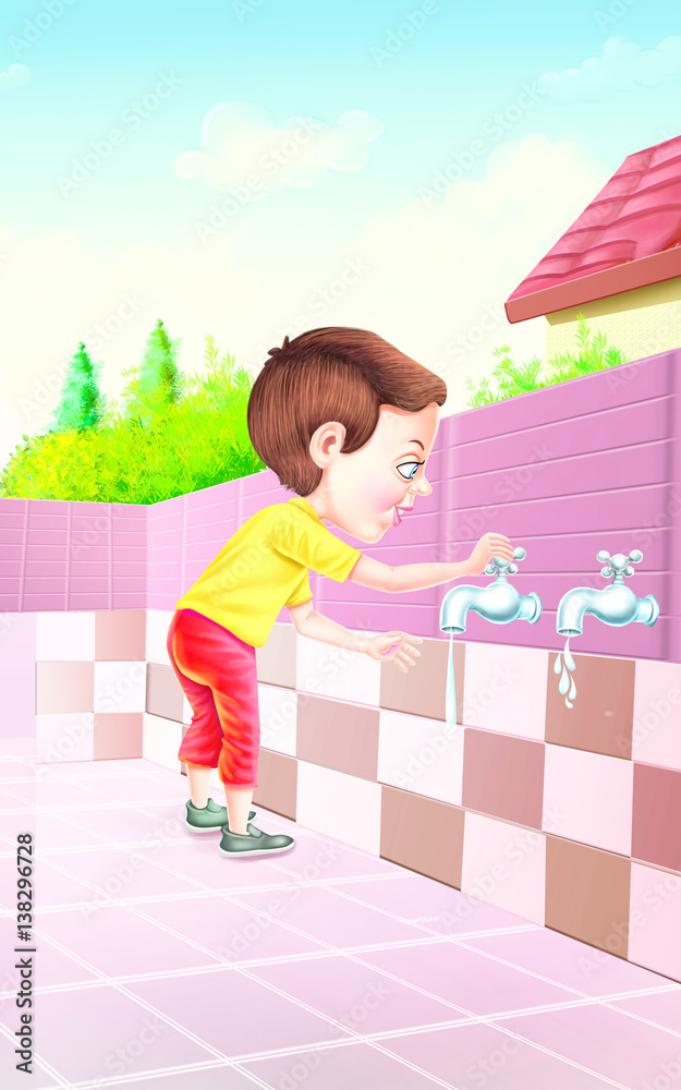 Boy closed the running tap Stock Illustration | Adobe Stock