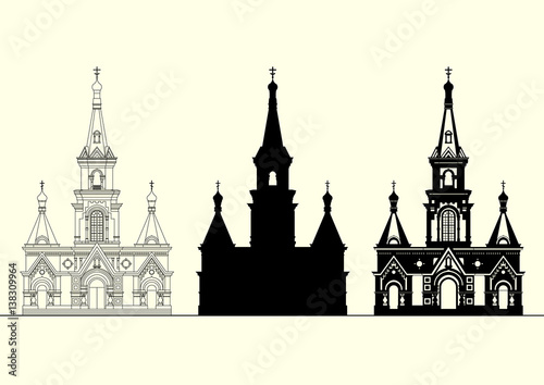 Vector set of facades of an old Orthodox church. Thin line drawing ...