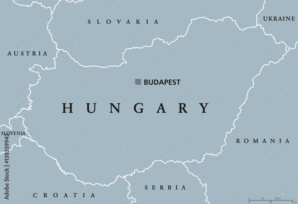 Hungary political map with capital Budapest, national borders and ...