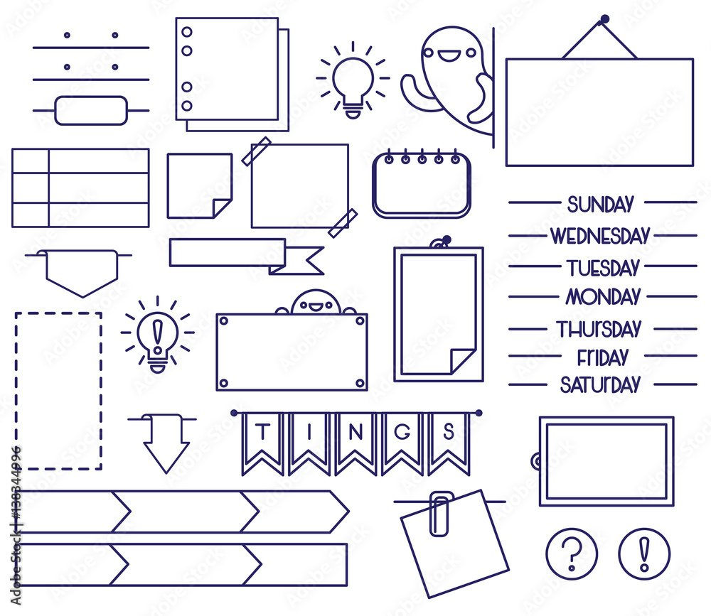 Icons for bullet journal. Days of the week, stickers, reminders. Vector clipart Stock Vector ...