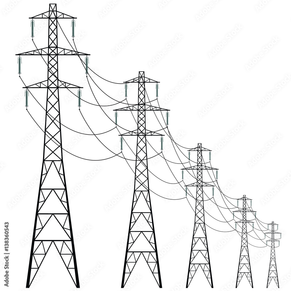 Vector high voltage pylons on white background. Isolated colonnade of ...