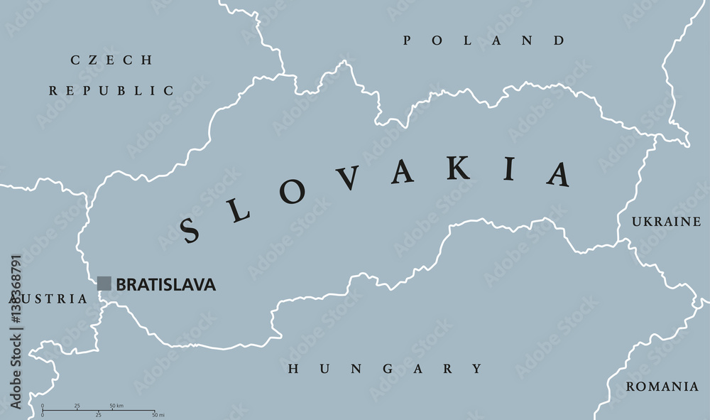 Slovakia political map with capital Bratislava, national borders and ...
