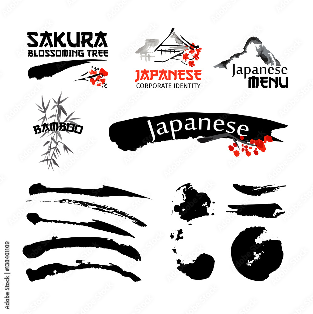 Logo templates set with asia landscapes, buildings and blossoming ...